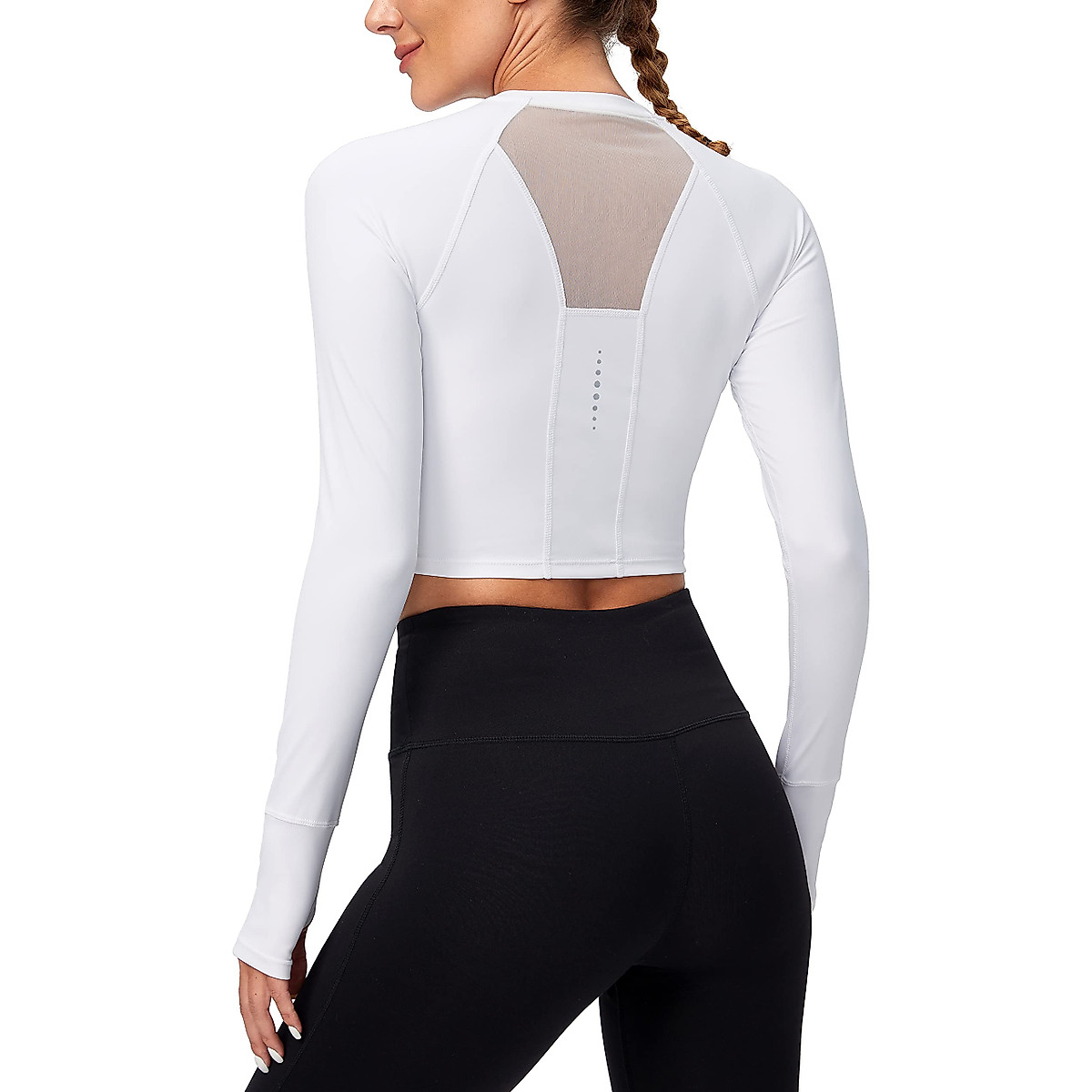 SANTINY Women's Long Sleeve Crop Workout Tops Slim Fit Gym Yoga Running Shirts for Women(A White_M)