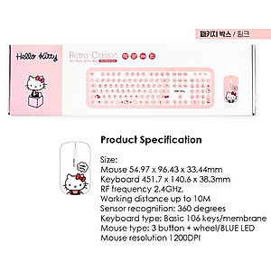 Digital Ventus Hello Kitty Retro Keyboard + Mouse Set, Keyboard Korean/English (Pink)