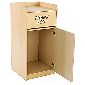 Displays2go Commercial Trash Container for 36 Gallon Bin, Drop Hole and Tray Holder, Thank You Message Engravement, Hinged Door - Maple (LCKDPZTRMP2)
