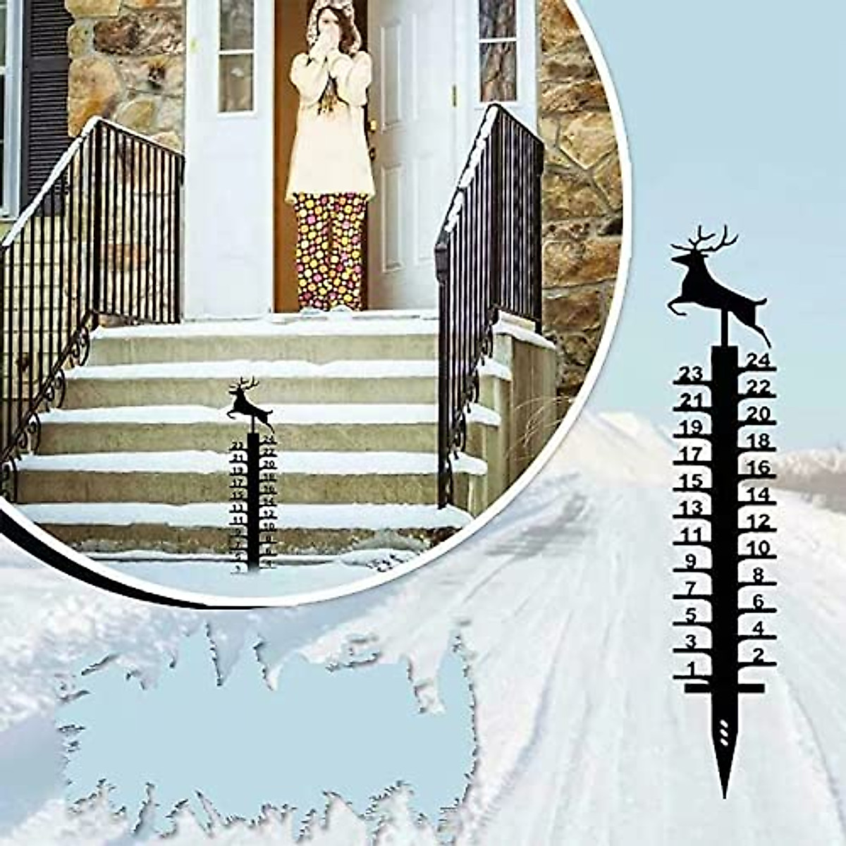 Iron Art Snow Gauge Outdoor 24 in Deer Snow Gauge, Handmade Metal Garden Snow Gauge Garden Pile (Reindeer)