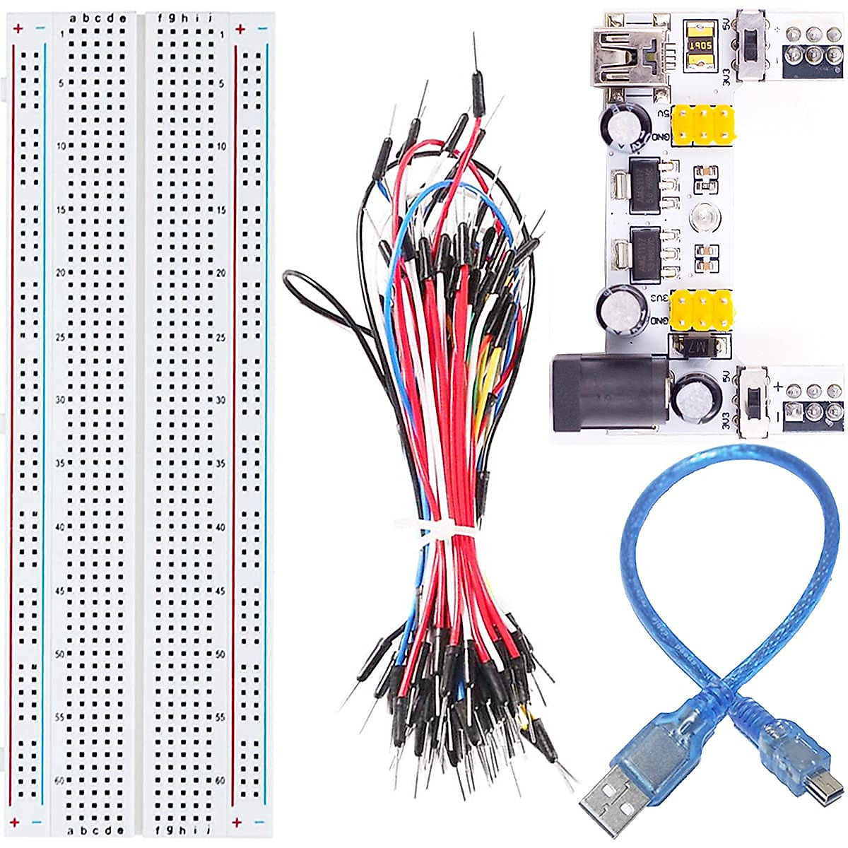 DKARDU DC 5V/3.3V 2 Channel Breadboard Power Module Mini USB Interface+ MB-102 Breadboard+Solderless Flexible Breadboard Jumper Wires Cable with Mini USB Cable for Arduino