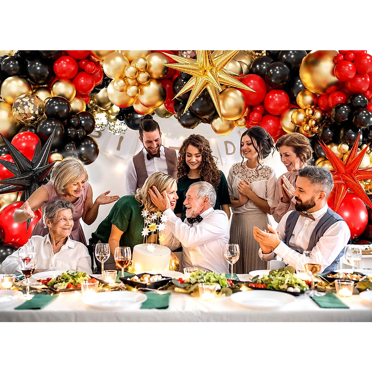 FOTIOMRG Red Black Gold Balloons Arch kit with 3pcs Star Balloons, Red Black and Gold Balloons Garland for Anniversary Casino Night Hollywood New Years Movie Night Birthday Decorations