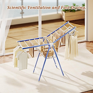 Peimscen Clothes Drying Rack,55 Inches Foldable Aviation Aluminum Alloy Drying Rack,Free-Standing Large Laundry Drying Rack Indoor Outdoor with Height-Adjustable Wings,Windproof Strips,Blue