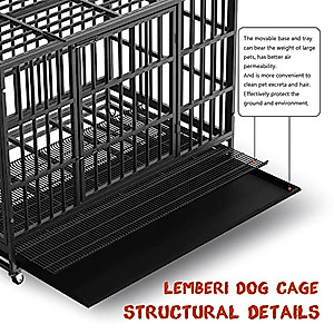 LEMBERI 48/38 inch Heavy Duty Indestructible Dog Crate, Escape Proof Dog Cage Kennel with Lockable Wheels,High Anxiety Double Door Dog Crate,Extra Large Crate Indoor for Large Dog with Removable Tray