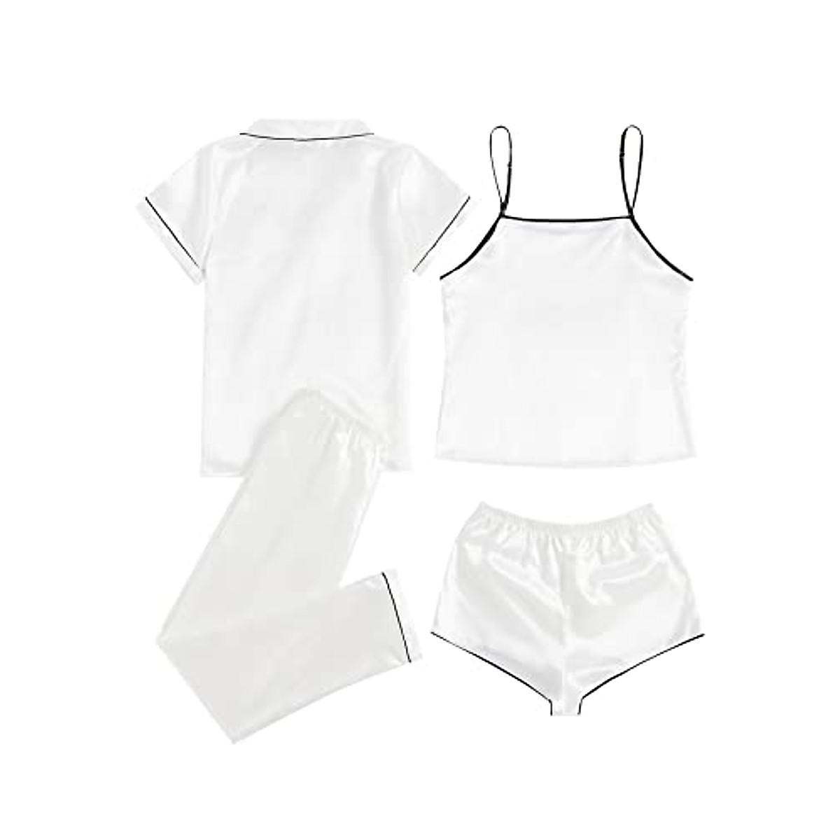 WDIRARA Women's Silk Satin Pajama Set 4 Pieces Soft Bride Sleepwear Loungewear White M