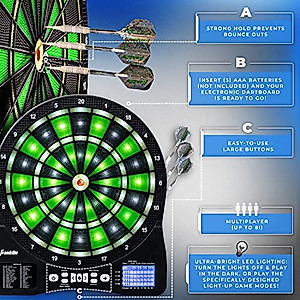 Franklin Sports Light Up Electronic Dart Board Set - LED Soft Tip Electric Dartboard with Digital Scoreboard - Adults + Kids Set - (6) Darts Included, Black/Green, 15"