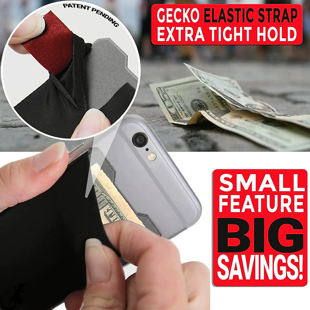 Gecko Travel Tech Phone Wallet - Stick On Card Holder Wallet for Cell Phones - Adhesive Card Pocket for Credit Cards and Money - Sticker for Cases - Phone Stand - BLACK BLACK