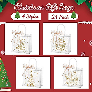 24 Pcs Christmas Clear Gift Bags with Bow Ribbon PVC Party Favor Bags with Handles 7.8 x 7.8 x 3.1" Plastic Gift Wrap Tote Bags for Retail Christmas Wedding Birthday Baby Shower Party Favors