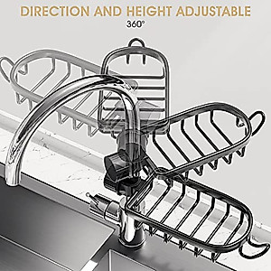 CZMIYRPY Sponge Holder for Kitchen Thin Faucet Laundry Sink Holder Adjustable Detachable Faucet Rack, Black Aluminum Faucet Rack for Soap, Shampoo, Shower Caddy Shelf