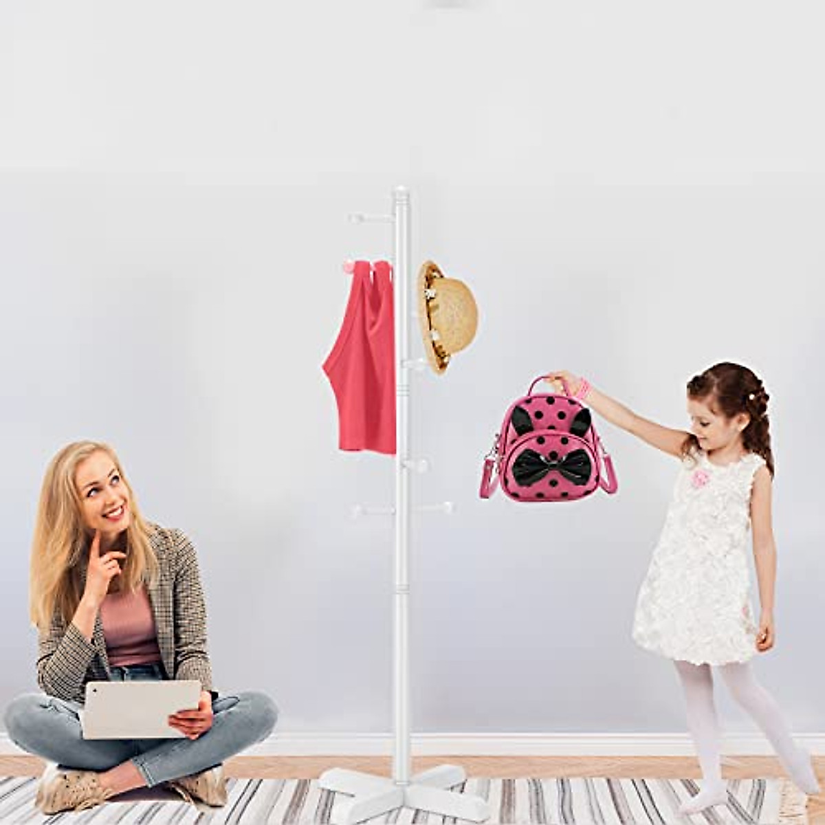 Azaeahom Cross Coat Rack Freestanding Clothing Hanger Home Racks, Wooden Coat Tree Stand with 8 Hooks 2 Adjustable Height, Easy Assembly in Entryway, Room for Hat, Umbrella etc (White)