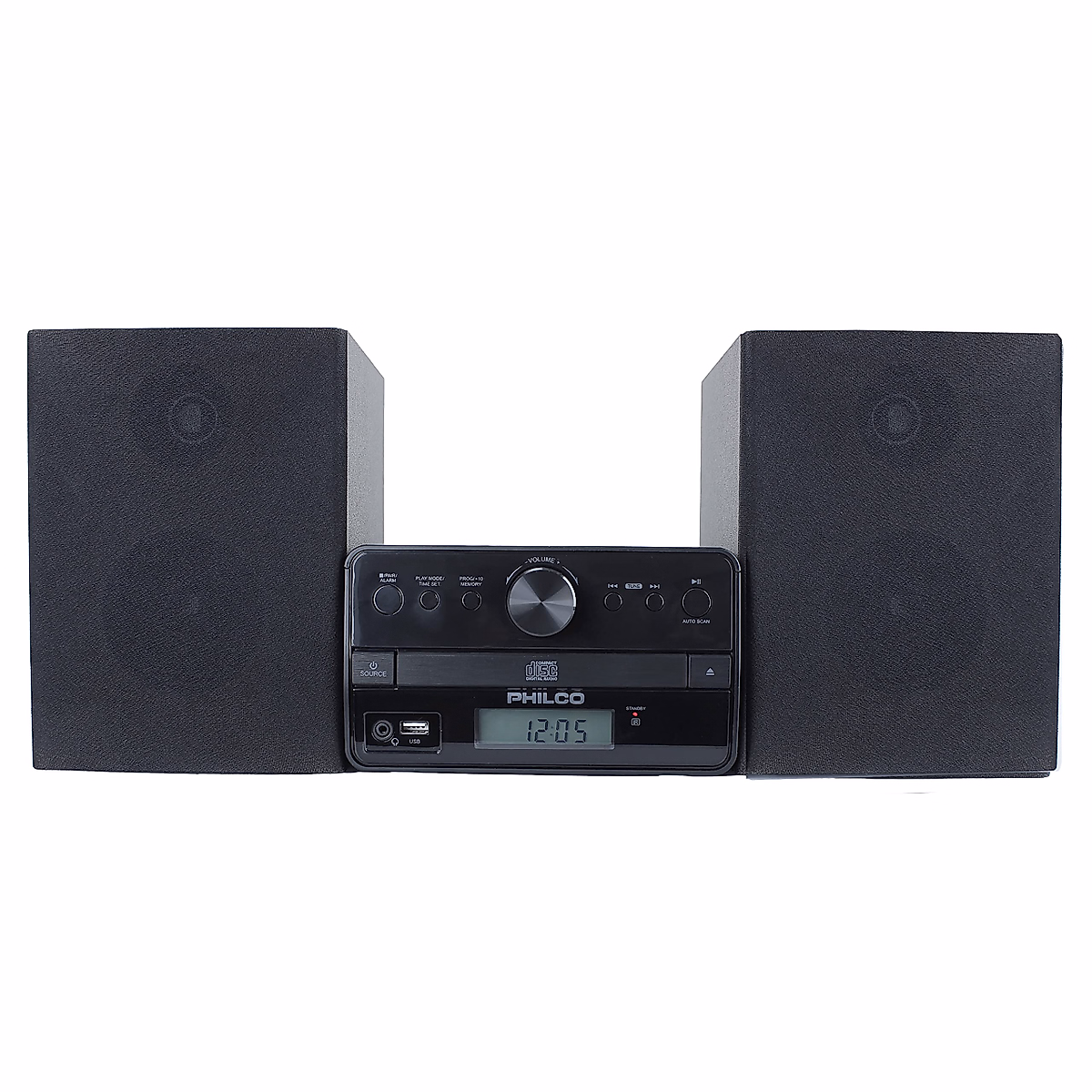 Philco Stereo Shelf Systems Tray Loading CD Player with Digital FM Radio, Bluetooth Streaming, Remote Control in Black | LCD Display | 3.5mm Headphone Jack | MP3 & AUX Port Compatible | USB Input