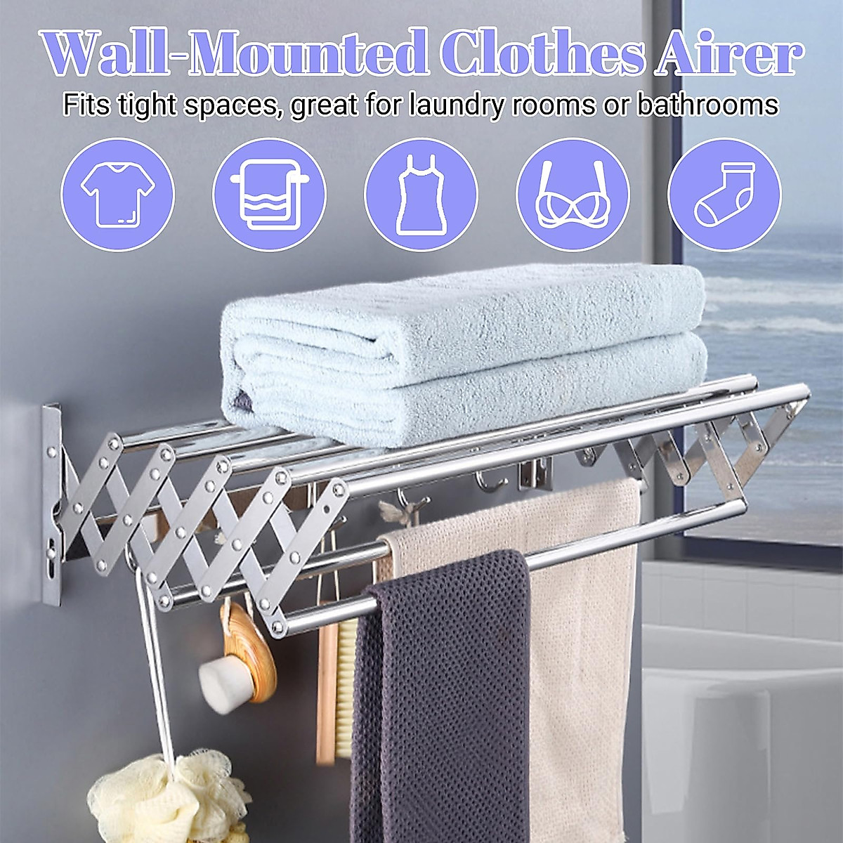 Yowmina Clothes Drying Rack Wall Mounted, Foldable Wall Drying Rack with 5 Hooks, Retractable Hanging Drying Rack with 7 Drying Rods, Space-Saving Stainless Steel Accordion Laundry Rack (23.6in)