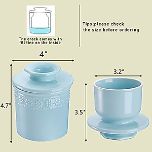 Lawei 2 Pack Ceramic Butter Crock, French Butter Dish with Water Line, Original Butter Keeper Butter Container for Countertop, Perfect Spreadable Consistency, Holds 1 Stick, Aqua Blue