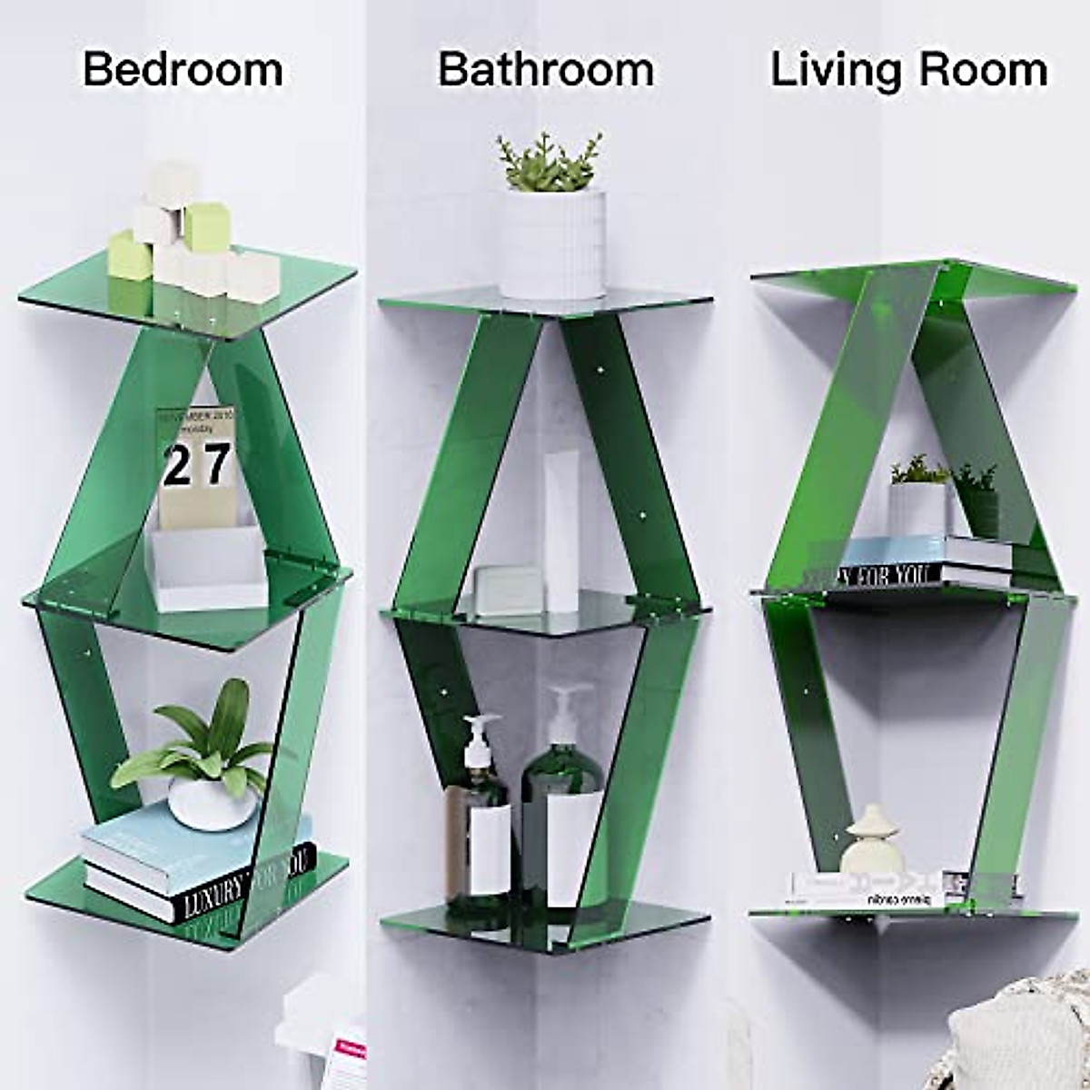 Artrak Wall-Mounted Corner Shelf, Modern Acrylic Floating Shelf, Durable & Sturdy Wall Shelf for Bedroom, Living Room, Bathroom, & Office, Decorative Wall Storage Shelf, Green