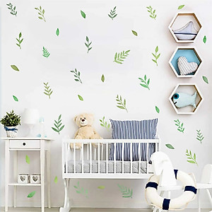 IKEYU Green Leaf Wall Decals Watercolor Leaves Wall Stickers Small Green Leaves Wall Decal Fresh Leaf Wall Sticker for Nursery Bedroom Living Room