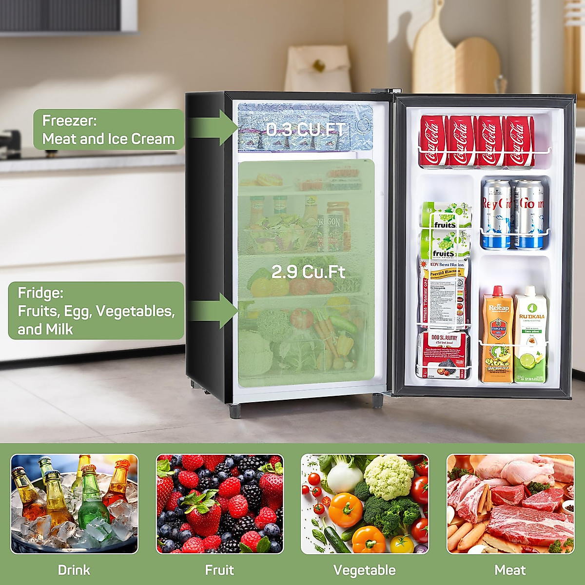 Zibbizo Upgraded Mini Fridge for Bedroom 3.2 Cu.Ft Small Refrigerator with Freezer for Dorm Office, Compact Single Door Adjustable Thermostat Low Noise, 17.5" D x 17.7" W x 31.5" H, Black