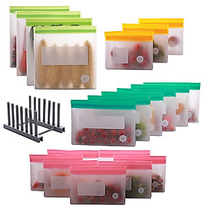 Reusable Silicone Food Storage Bags – 21-Pack Stand-Up, BPA-Free, Freezer, Dishwasher Safe & Eco-Friendly – 4 Gal, 6 L, 7 M, 3 S + Rack – Airtight Leakproof, Organization and Storage Bags (Multicolor)