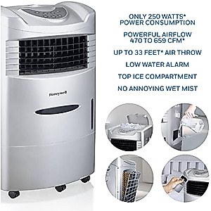 Honeywell CL201AE 470 CFM Indoor Evaporative Air Cooler (Swamp Cooler) with Remote Control in Silver