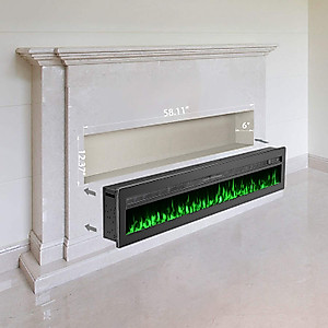 GMHome 60 Inches Wall Recessed Electric Fireplace 9 Changeable Color Realistic Crystal Stone Flame Heater, with Remote, 1500W, Metal Panel - Black