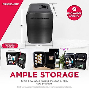 Frigidaire Mini Personal Fridge Cooler, Countertop, Holds Up to 10L/15 Cans, Brushed Black Stainless Rugged Design, Portable for Skincare, Makeup, Car, Office, Bedroom, Dorm Room, or Cabin