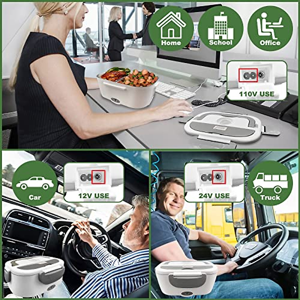 Electric Lunch Box Food Heater, Yokgrass 2-Compartment Fast Heating Adults Food Warmer for Car Truck and Home, Protable, Leak Proof, with 1.5L Stainless Steel Container, Fork, Spoon and Insulation Bag