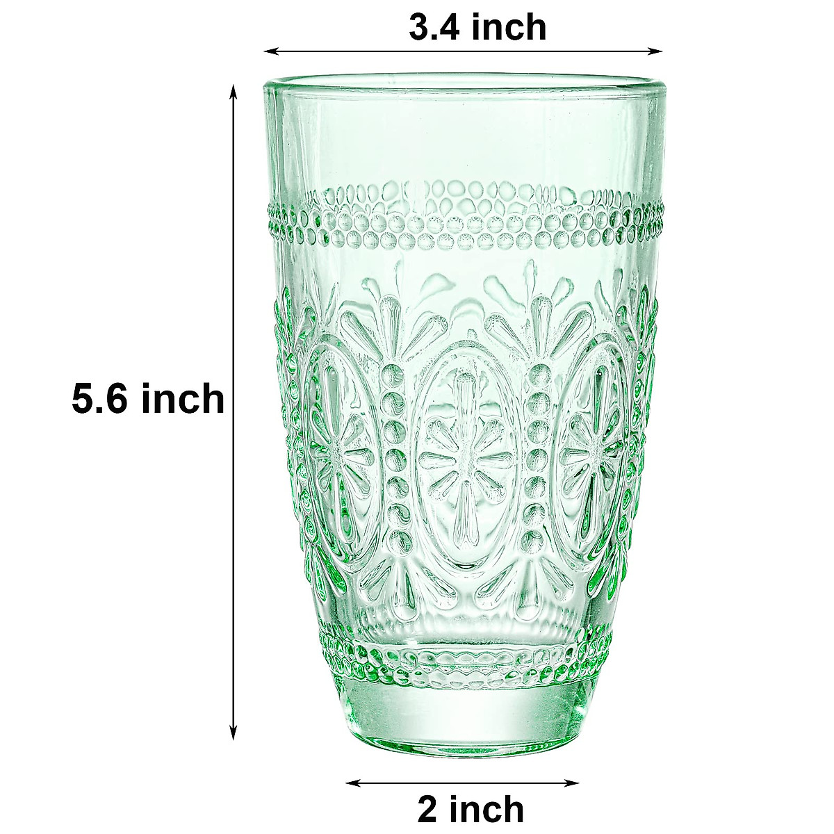 Bekith 4 Pack Colored Romantic Drinking Glasses, 14.5 oz Tall Water Glasses, Embossed Tumblers for Beverage, Beer, Soda, Cocktails, Vintage Glassware Set for Dinner Parties, Bars, Green
