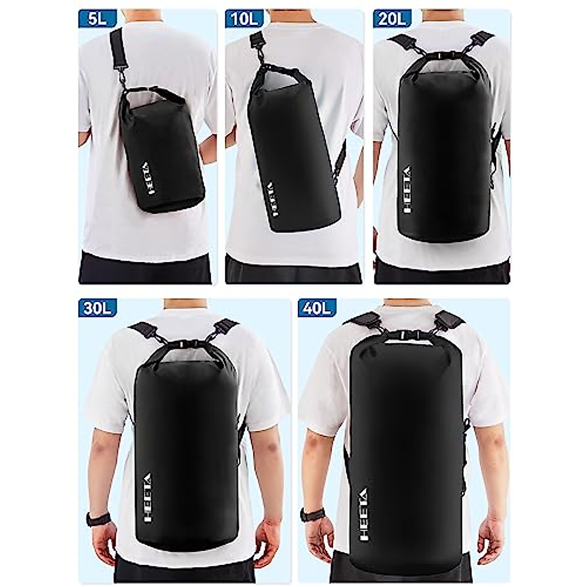 HEETA Waterproof Dry Bag for Women Men (Upgraded Version), Roll Top Lightweight Dry Storage Bag Backpack with Emergency Whistle for Travel, Swimming, Boating, Kayaking, Camping, Beach (Black, 5L)