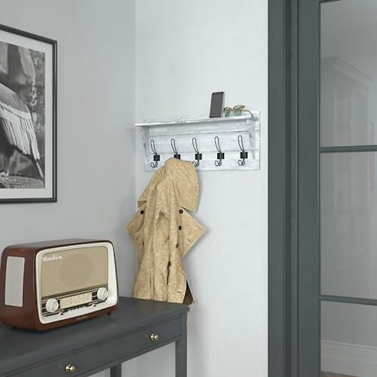 Flash Furniture Daly Wall Mounted Storage Rack - Whitewashed Solid Pine Wood - 24 Inch - Upper Shelf and 5 Hooks - For Entryway, Kitchen, Bathroom