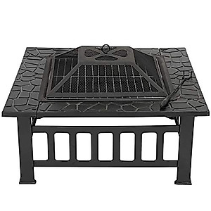 ZENY 32" Outdoor Fire Pit Square Table Metal Firepit Table Backyard Patio Garden Stove Wood Burning Fireplace w/ Waterproof Cover, Spark Screen and Poker
