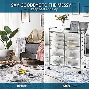 Utility Cart with 12 Drawers Rolling Multipurpose Movable Organizer Cart Storage Bin Trolley Tools Scrapbook Paper Organizer on Wheels(White)
