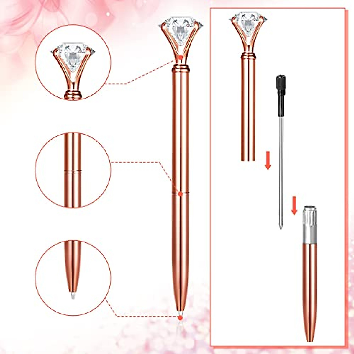 BBTO Rose Gold Pen Holder with 6 Pcs Bling Diamond Pens, Pencil Cups for Desk Glitter Bling Desk Organizer Makeup Brush Holder for Women Girls Classroom Offices Home, Rose Gold