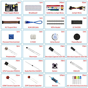 REXQualis Electronics Component Fun Kit w/Power Supply Module, Jumper Wire, 830 tie-Points Breadboard, Precision Potentiometer,Resistor Compatible with Arduino, Raspberry Pi, STM32