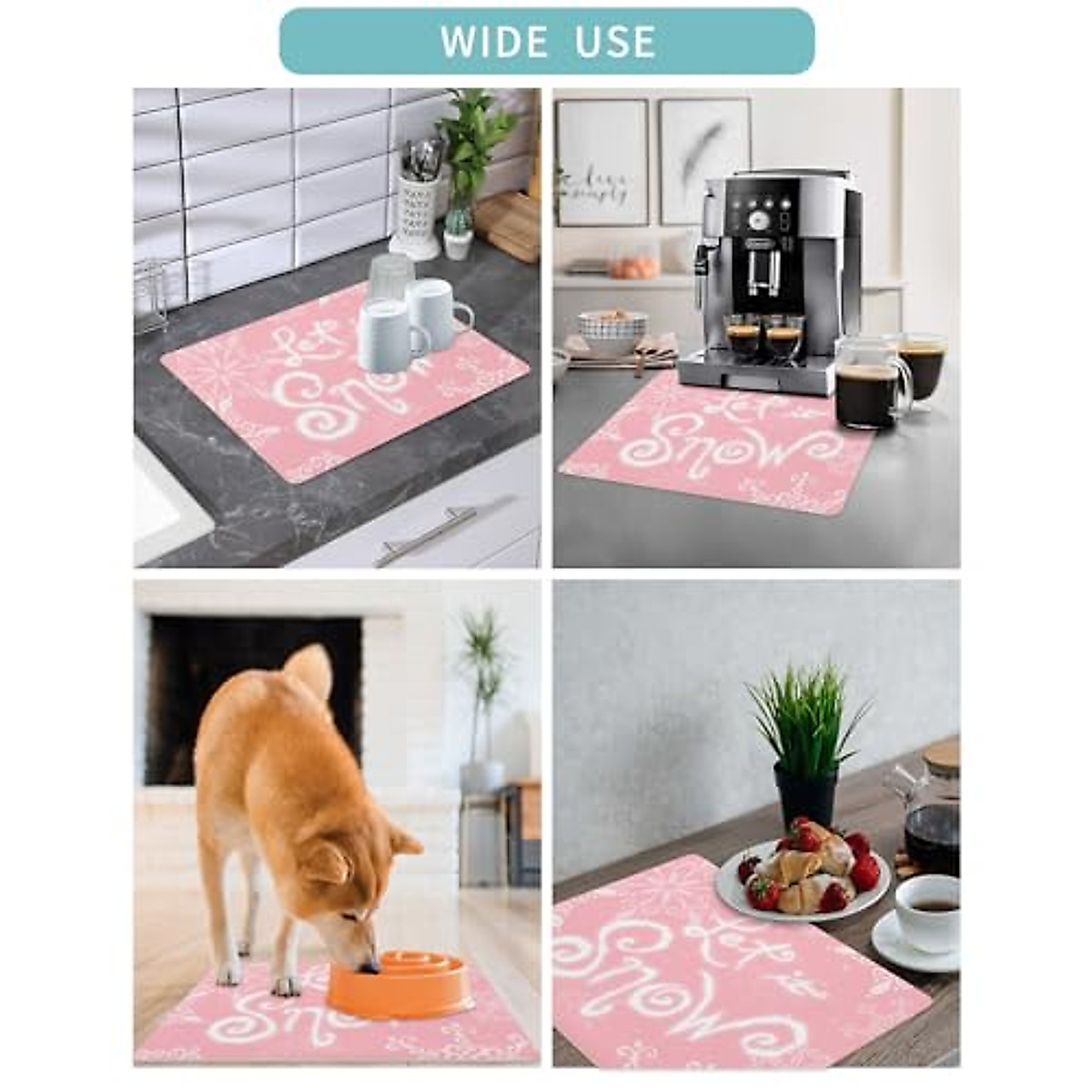 Coffee Mat for Counter, Pink Christmas Snowflakes Absorbent Hide Stain Coffee Bar Mat, Non-slip Coffee Bar Accessories Kitchen Drying Mat Fit Under Coffee Maker Espresso Machine