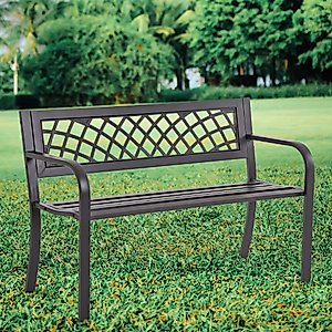 Ruesleag Garden Bench,Metal Outdoor Bench Park Bench with Plastic Mesh Backrest Armrests Sturdy Steel Frame for Patio Yard Porch Entryway Black