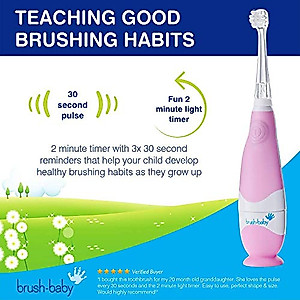 brush-baby BabySonic Infant and Toddler Electric Toothbrush for Ages 0-3 Years - Smart LED Timer and Gentle Vibration Provide a Fun Brushing Experience - Includes 2 Sensitive Brush Heads (Pink)