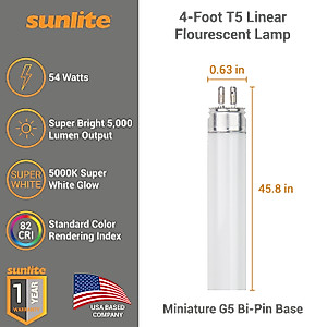 Sunlite F54T5/850/HO 4 Foot T5 Linear Fluorescent Lamp, 54 Watts, 5000 Lumens, 5000K Daylight, Miniature G5 Bi-Pin Base, ROHS Compliant, High Performance Straight Tube, 40 Pack