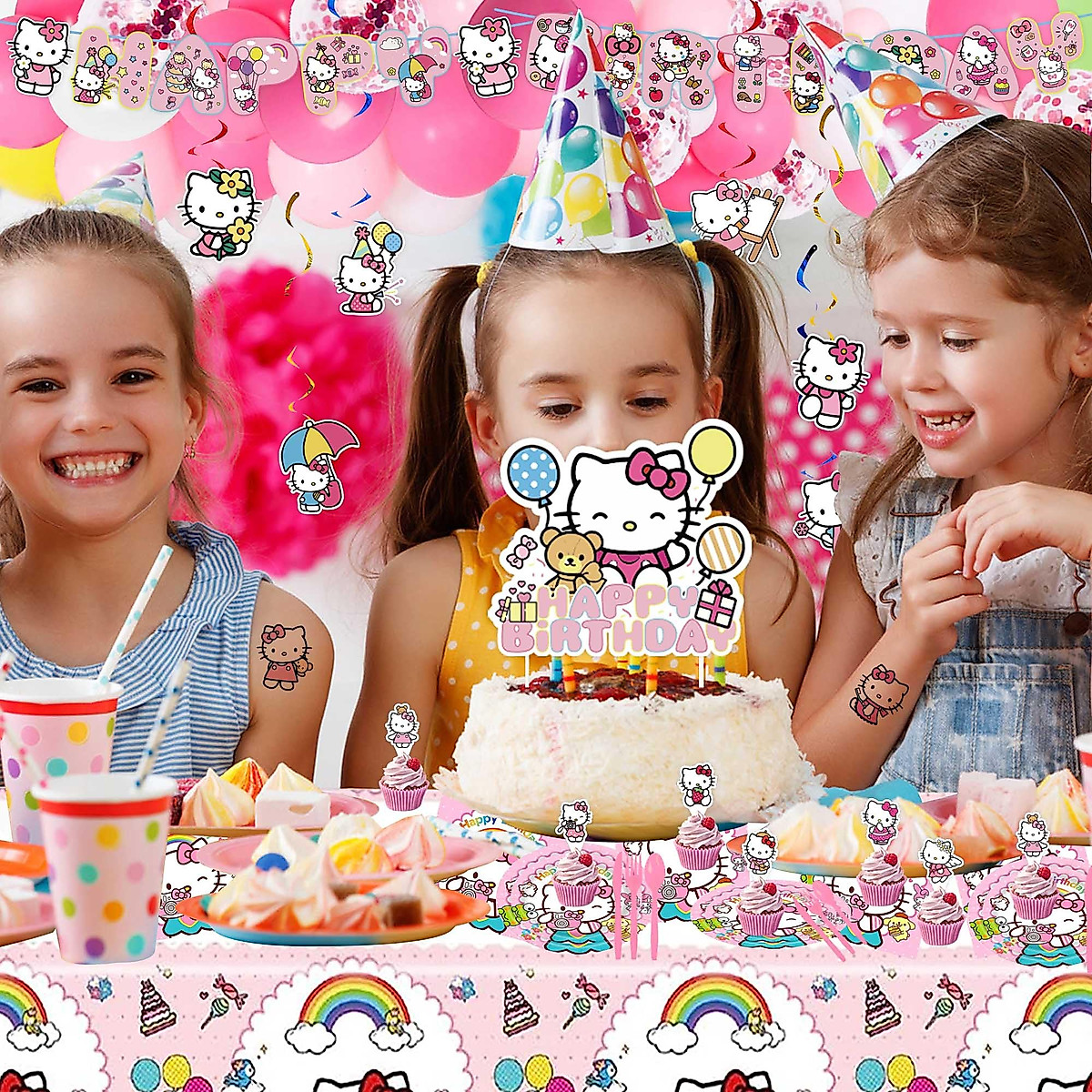 Kawaii Birthday Party Supplies, Kawaii Birthday Party Decorations Set Include Banner, Tattoos Invitation Cards, Hanging Swirls, Stickers, Tableware, Cake Toppers, Balloons, Kawaii Cute Party Favors