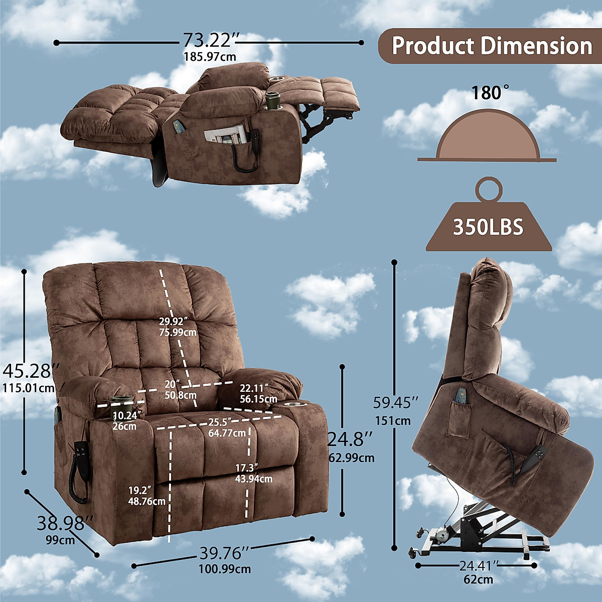 PUG258Y Power Lift Recliner Chair: Electronic Recliner Chair with Heat and Massage for Big and Tall Elderly, 2 Cup Holder, Lay Flat to 180, Dual OKIN Motors - 9688 (XX-Large,Brown Camo)