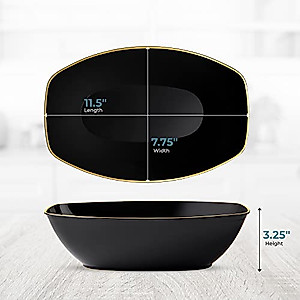 Posh Setting Oval Serving Bowls, Black/Gold Rim Plastic Serving Bowls, 4 Pack, 72 Ounce Large Plastic Disposable Party Snack, Buffet, Chips, or Salad Bowl, Heavy Duty