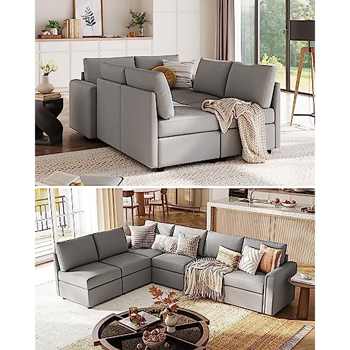LINSY HOME Modular Sectional Sofa, Convertible U Shaped Sofa Couch with Storage, Memory Foam, Modular Sectionals with Ottomans, 6 Seat Oversized Sofa Couch with Chaise for Living Room, Grey