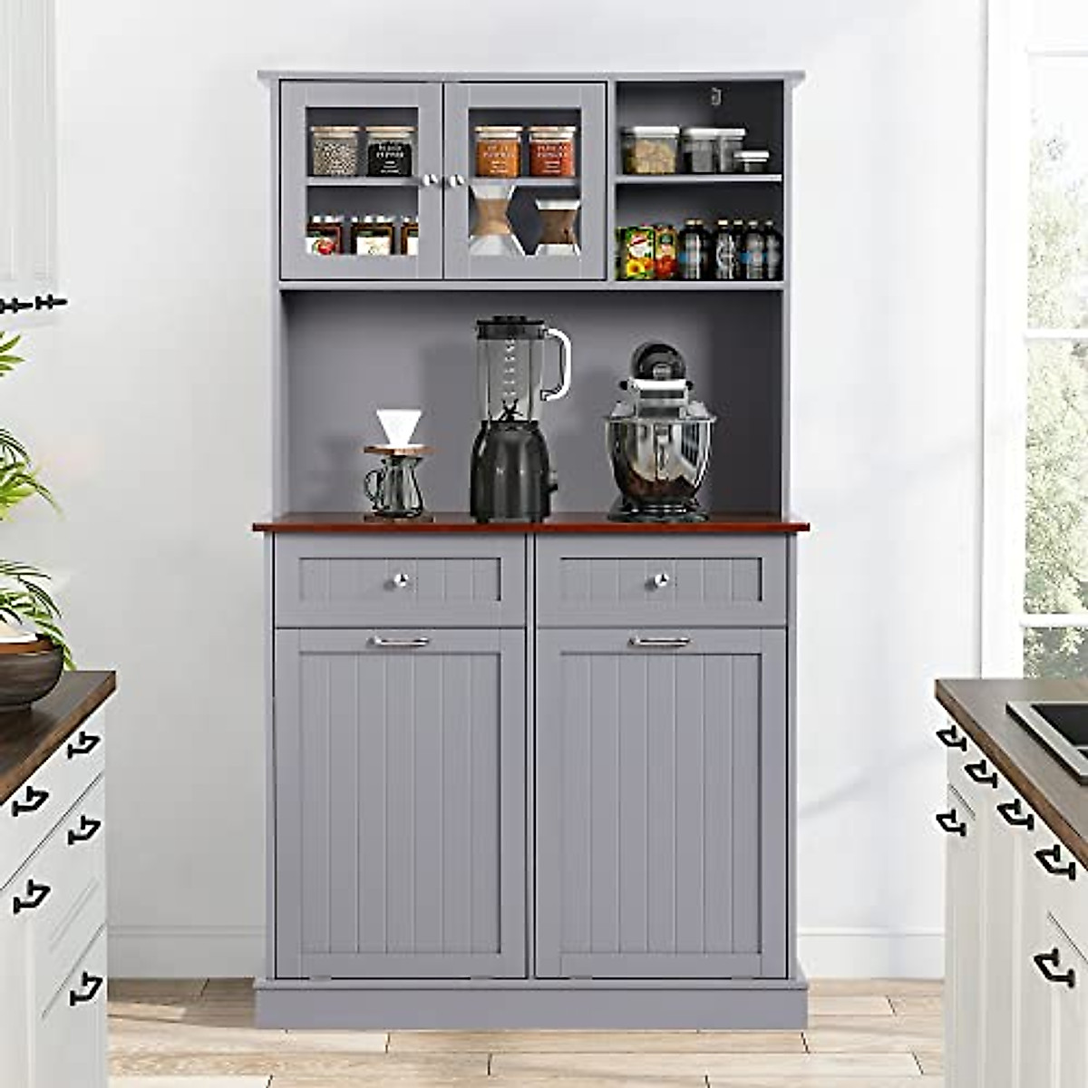 YOCONYO Double Tilt Out Trash Cabinet Storage Cabinet 20 Gallon with Two Solid Wood Hideaway Trash Holder Drawers, Dual Wooden Free Standing Recycling Cabinets Trash Can Bin Kitchen (Gray)