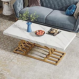 Tribesigns Modern Coffee Table, 47 Inch Faux Marble Cocktail Table with Geometric Frame, Rectangular Center Table Tea Table Accent Furniture for Living Room, Simple Assembly (White/Gold)