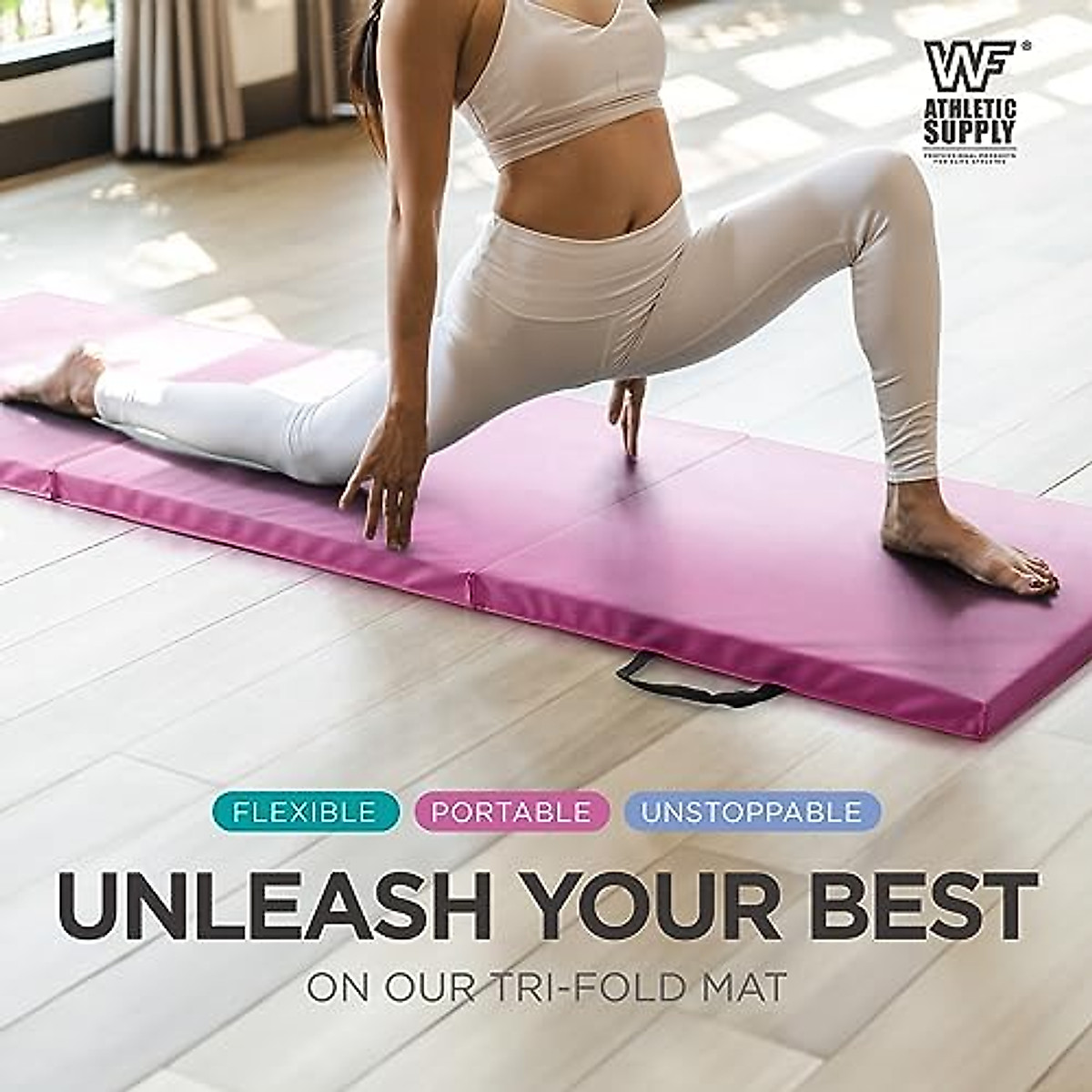 WF Athletic Supply Tri Fold Folding Exercise Mat with Carrying Handles, 1.5" Thick Foldable Gym Mat, Folding Foam Workout Mat for Gymnastics, Yoga, MMA, Core Workouts, Stretching, Pink