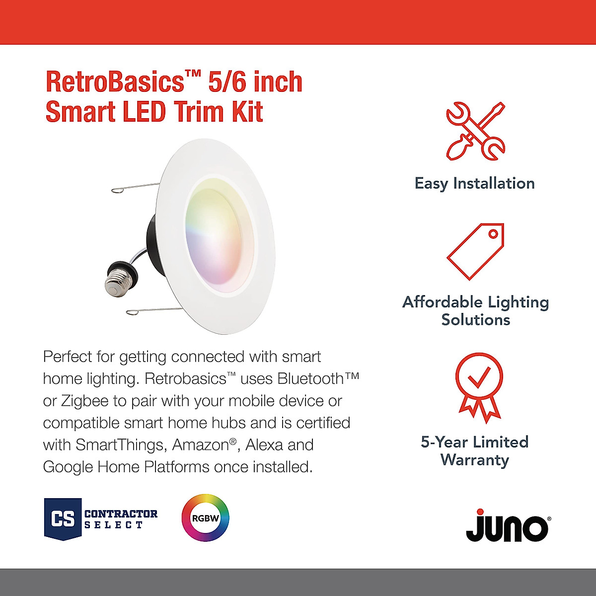 Juno RB56SC RGBW MW CP4 M2 RetroBasics Retrofit Smart LED Downlight, Switchable 2700K - 5000K, RGBW Color Changing, Matte White, 5 to 6 Inch, 4 Pack
