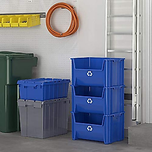 READYSPACE Commercial Industrial Heavy Duty Stackable Open-Front Recycling Bin Box Containers, 12.5 Gallon, 3 Pack, Blue