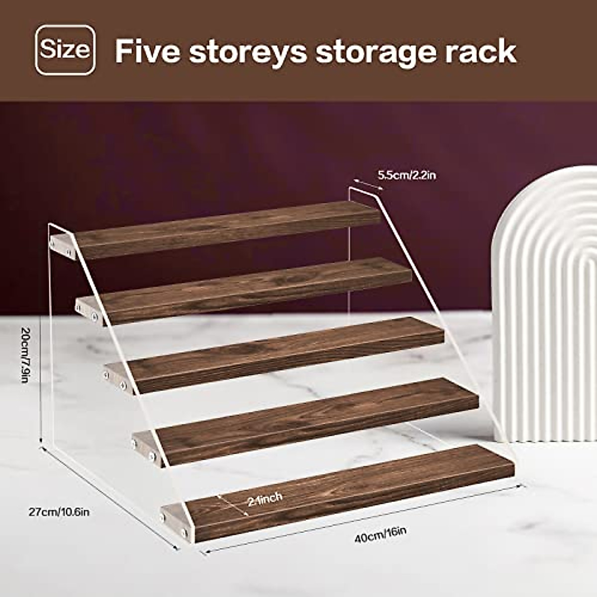 DILIBRA 5 Tier Wood Display Stand for Pop Figures, Clear Acrylic Display Riser Shelf for Vendors Amiibo Funko Cupcakes Perfumes Candies Cosmetics Decoration and Organizer