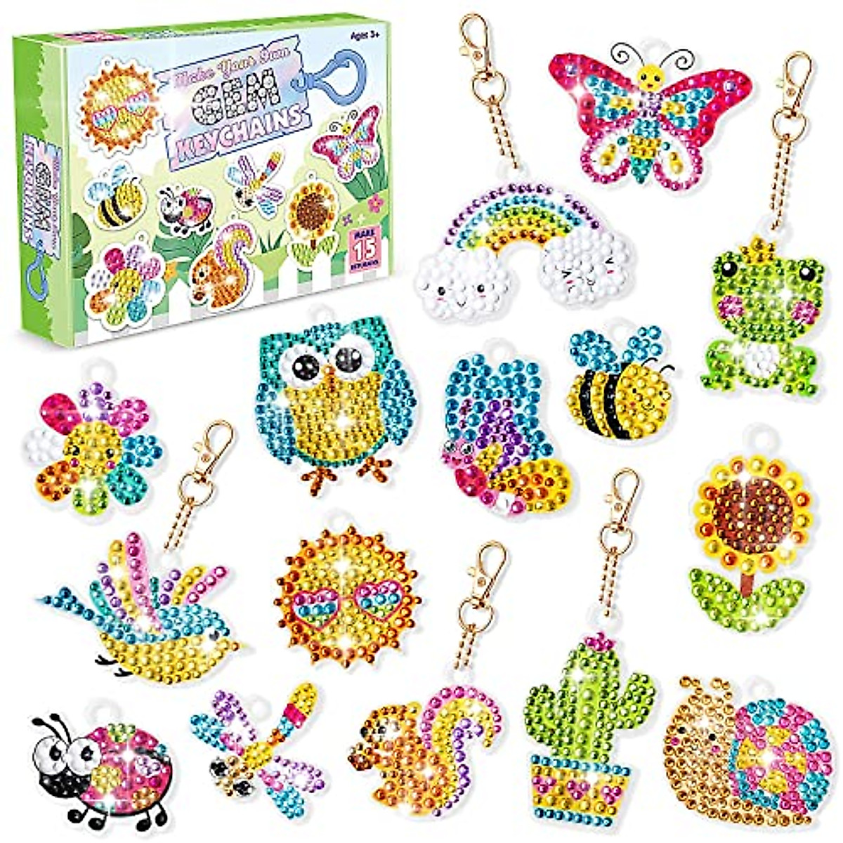 FFNIU Diamond Art for Kids, 15 Pack Diamond Painting Keychains, DIY Gem 5D Painting Arts and Crafts for Boys Girls Ages 6-8-12 (Garden Animals)