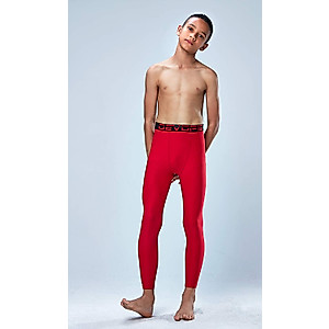 DEVOPS 2 Pack Youth & Boys Thermal Compression Baselayer Sport Tights Fleece Lined Pants (Large, (Non-Fly) Black/Red)