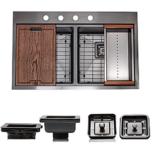 Strictly Sinks 33 inch Topmount Kitchen Workstation Sink Gunmetal Black 5050 Double Bowl 16 Gauge Stainless Steel Drop In Scratch, Stain Resistant Colander, Cutting Board & Bottom Protector Grid