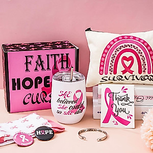 Whaline 8Pcs Breast Cancer Awareness Gifts Set for Women Survivor with Pink Ribbon Gift Box Tumbler Bracelet Makeup Bag Greeting Card Badge Socks for Hospital Fundraising Supplies